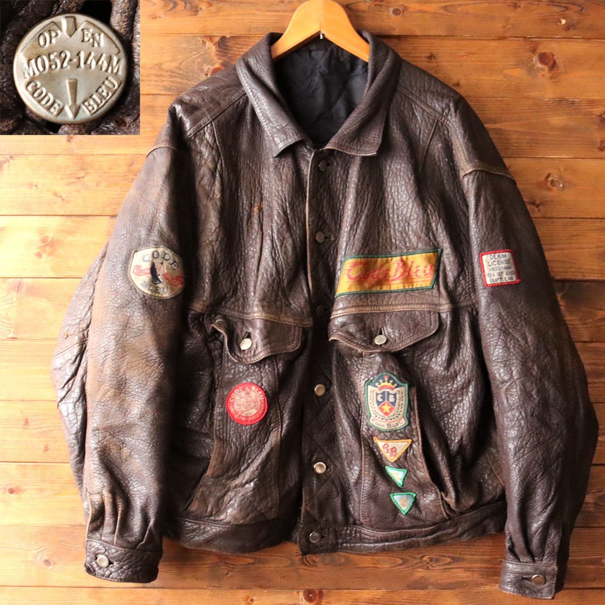 【やや傷や汚れあり】I1/s10.27-4 80s ビンテージ CODE BLEU 本革 レザージャケット トラッカージャケット 革ジャン 皮 ...