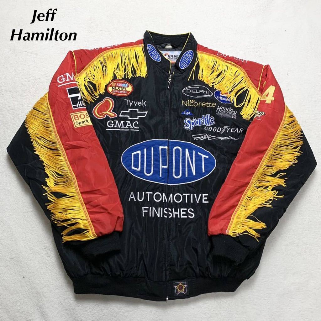 【目立った傷や汚れなし】Jeff Hamilton 90s 【抜群の存在感】 ジェフハミルトン レーシングジャケット スタジャン ブルゾン DNPONT デュポン HASE ブラック XXLの ...