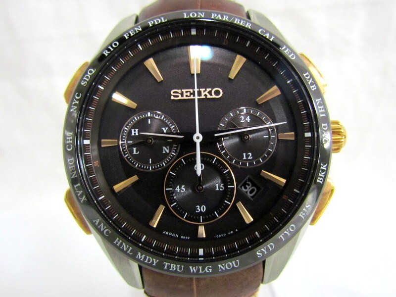 【傷や汚れあり】1000円スタート 腕時計 SEIKO セイコー 8B92-0AP0 電波ソーラー クロノグラフ ブラウン系文字盤 革 レザー ...