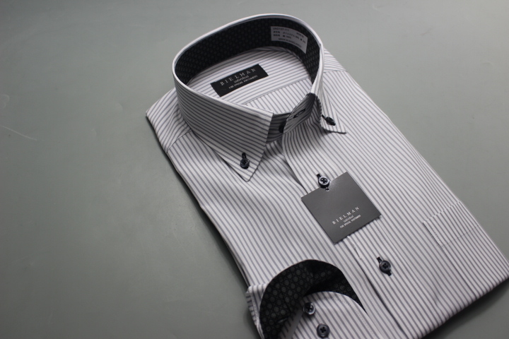 【未使用】送料185円【新品】BIELMAN(山喜) ボタンダウン/ワイシャツ長袖 スリム 形態安定 M(39-82) グレー/ストライプ柄 ...