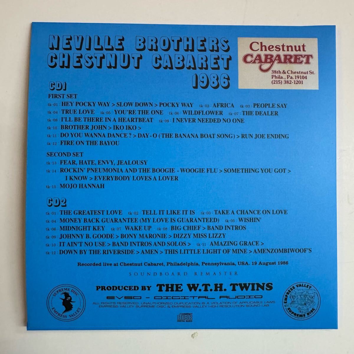 【未使用】NEVILLE BROTHERS / CHESTNUT CABARET 1986「真夜中の鍵を開けて」(2CD) 初登場ライヴ！2 ...