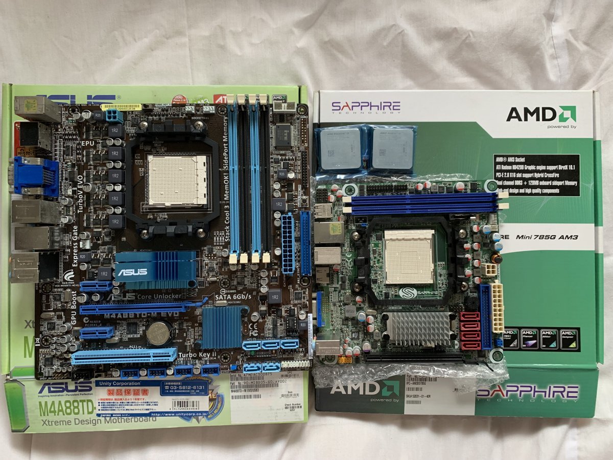 【全体的に状態が悪い】【ジャンクCPU2個マザーボード2枚】 ASUS M4A88TD-M EVO/USB3 PhenomII X4 900e AthlonII X2 240e ...