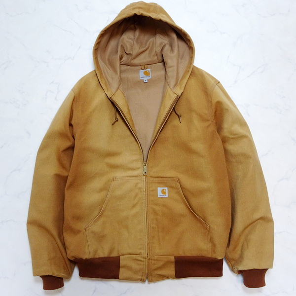 【やや傷や汚れあり】Carhartt MADE IN THE USA製 カーハート アクティブ ジャケット ダック地 フルジップ パーカ 茶 MEDIUM-REGULAR M R ...