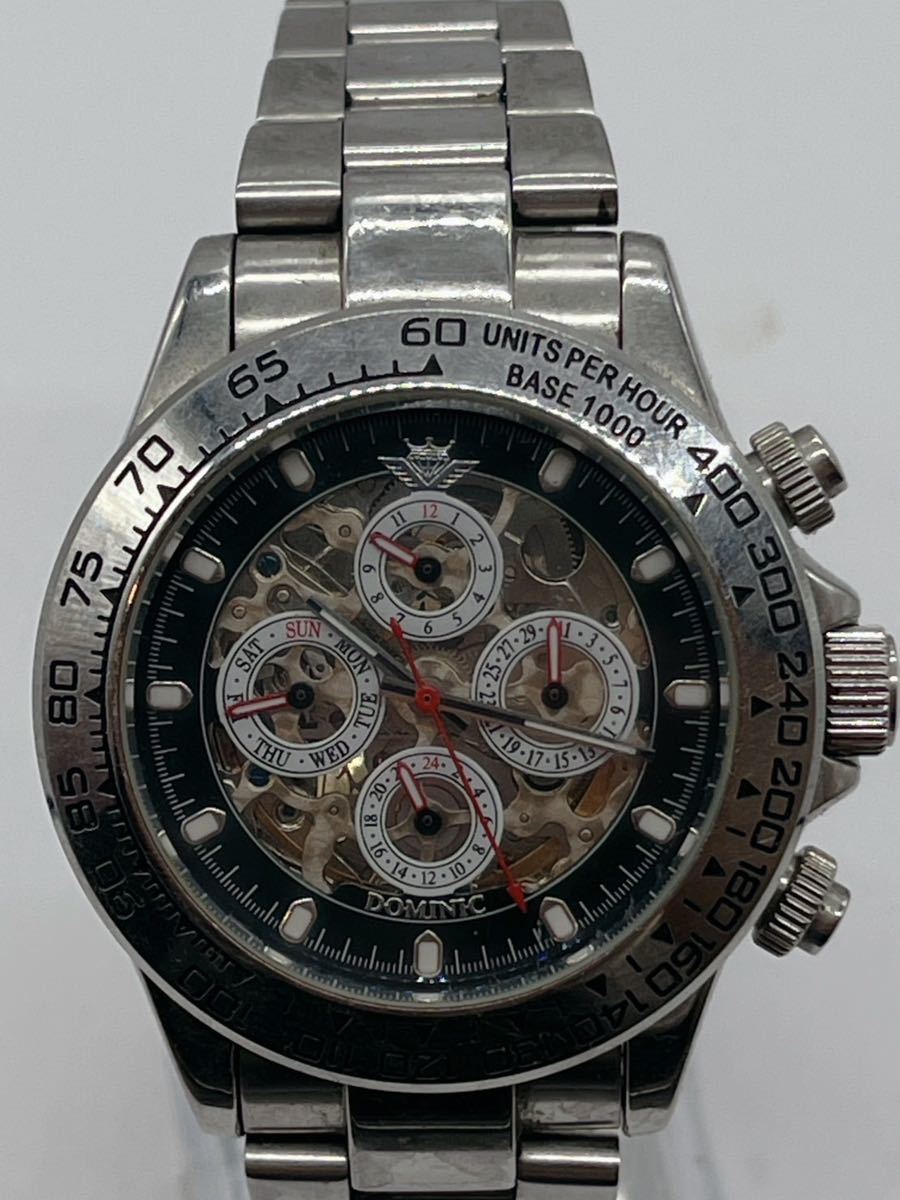 【傷や汚れあり】【稼働品!!】ドミニク・デイトナ風・デイデイト腕時計・ホワイト(白)文字盤・裏スケ[DOMINIC AUTOMATIC]自動巻 ...