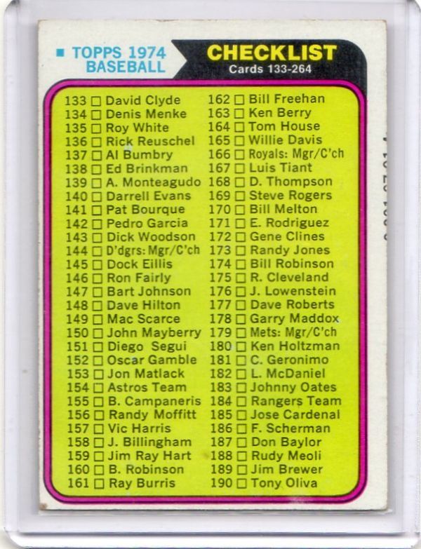【傷や汚れあり】 1974TOPPS BASEBALL CHECKLIST #263 の落札情報詳細| ヤフオク落札価格情報 オークフリー