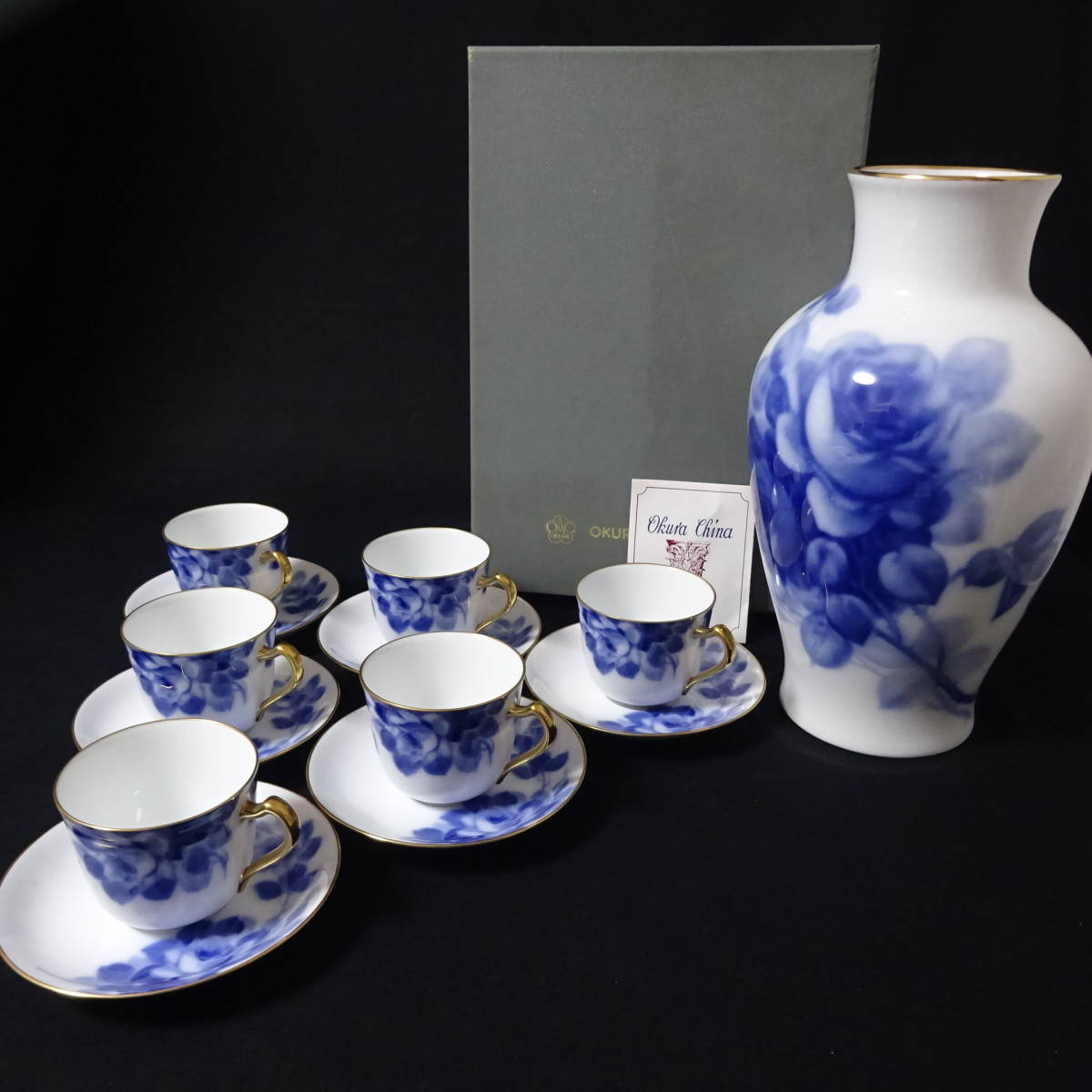 【目立った傷や汚れなし】【1640558-024】大倉陶園 OKURA ブルーローズ カップ＆ソーサー6客 フラワーベース 花瓶 花びんまとめ ...