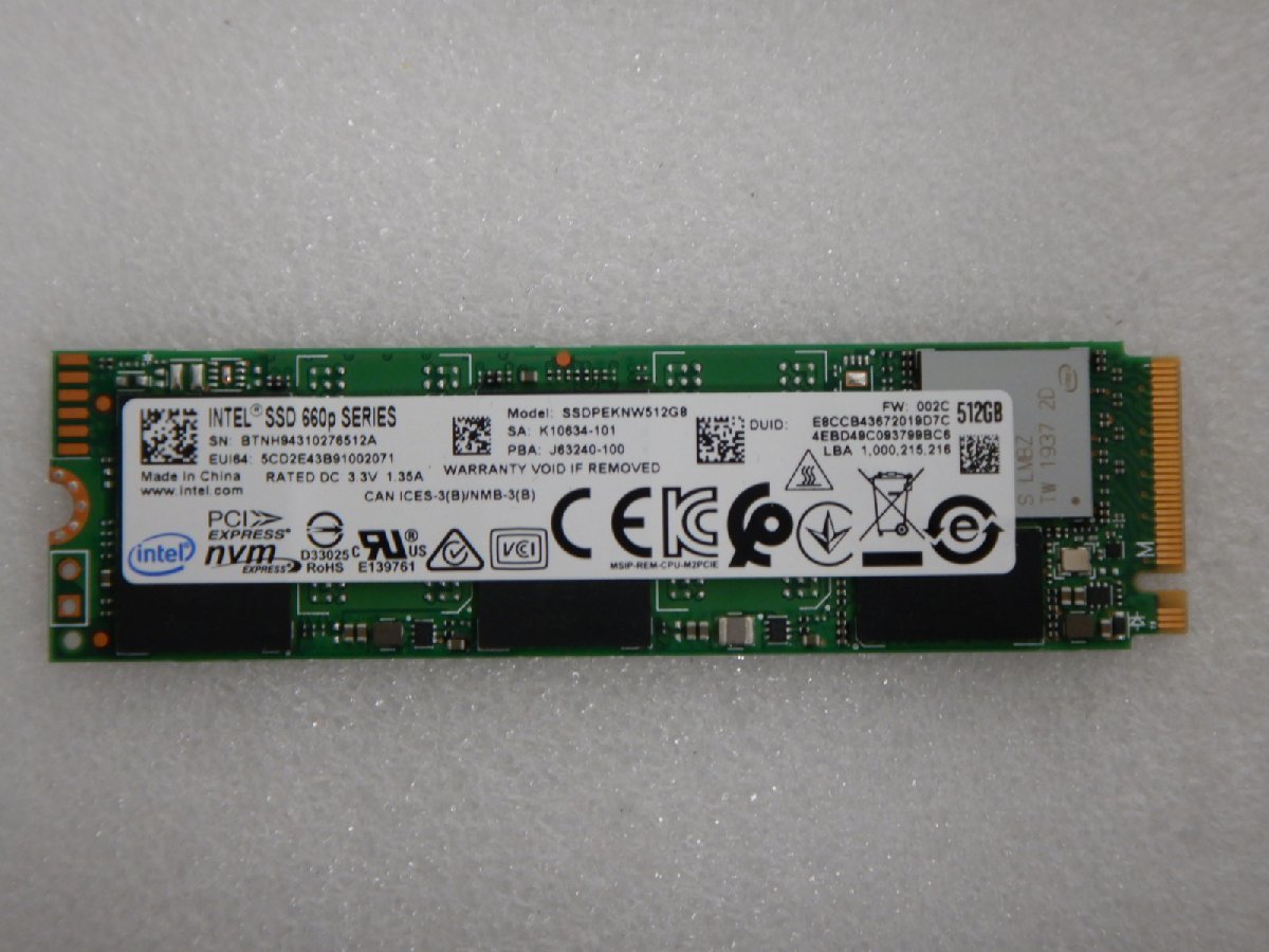 【やや傷や汚れあり】Intel 660p / 512GB M.2 SSD NVME Gen3 x4 中古動作品 SSDPEKNW512G8Hの ...