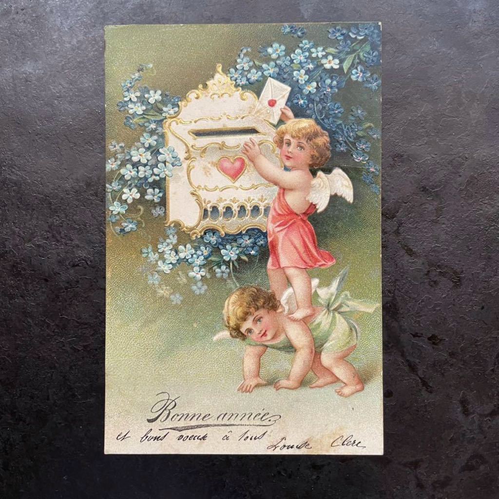 【傷や汚れあり】アンティーク ポストカード 1905年消印 クラップサドル Clapsaddle 天使 エンジェル キューピッド ラブレター ...