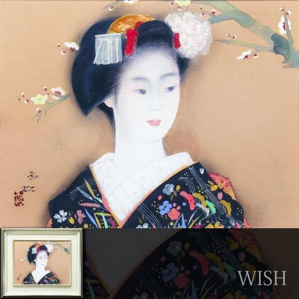 【やや傷や汚れあり】【真作】【wish】小川雨虹 日本画 6号 金泥仕様 梅花と和美人 〇美人画重鎮 元日本美術院院友 師 中村貞以