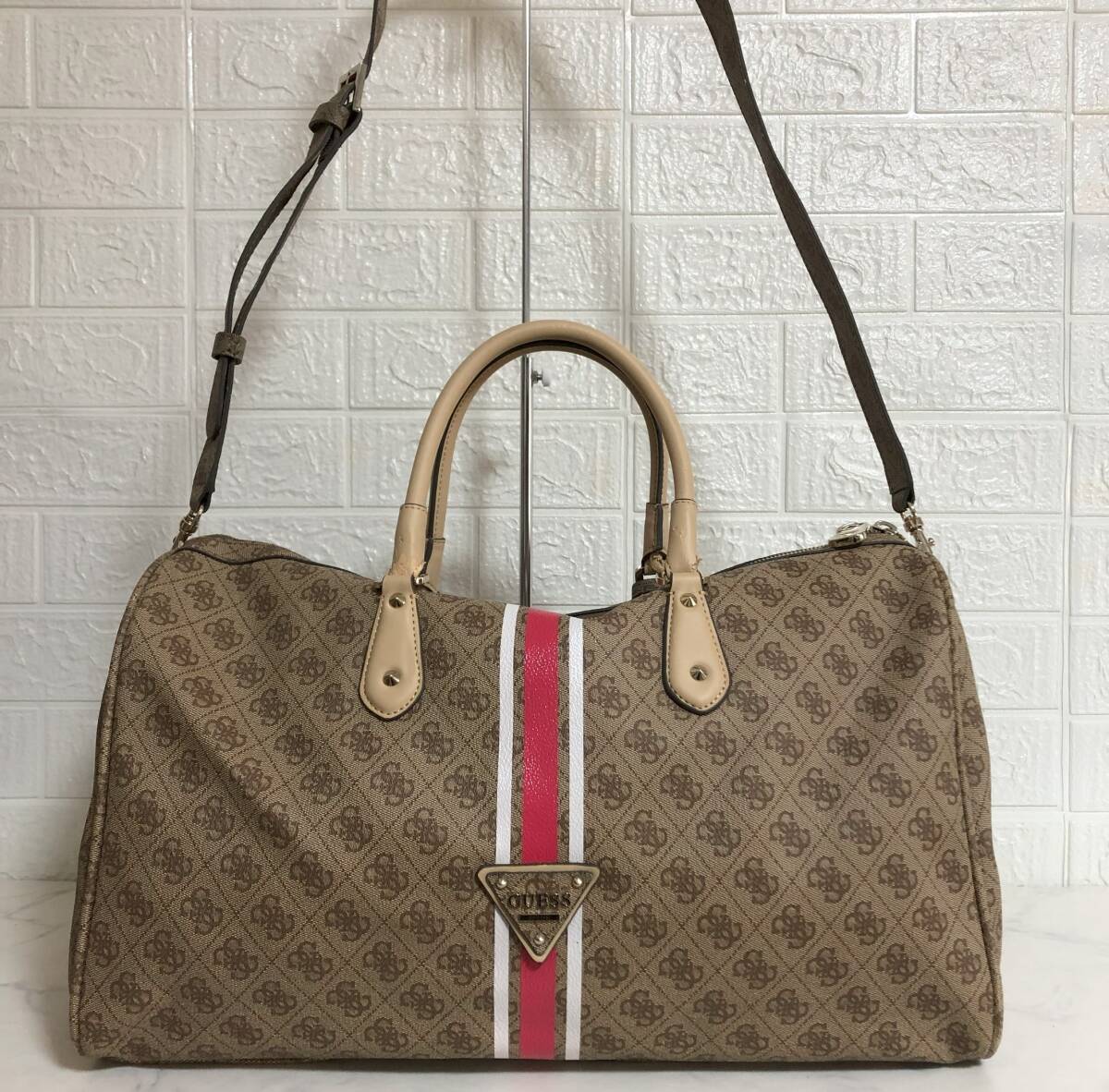 【やや傷や汚れあり】no21593 GUESS ゲス 2WAY 総柄 レザー PVC ショルダー ハンド トート ボストン バッグ ☆の落札 ...