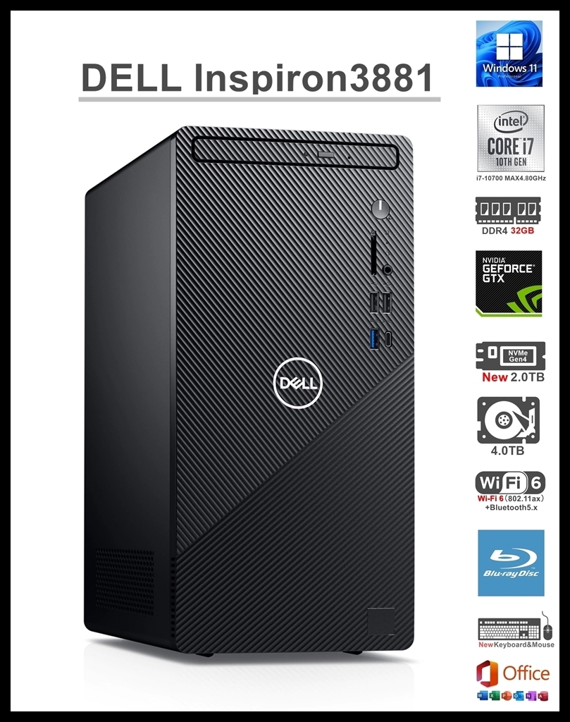 【やや傷や汚れあり】★DELL Inspiron 3881/i7-10700 8コア/RAM 32GB/新品 NVMe SSD 2TB/HDD 4TB/GTX1060 6GB/Wi-Fi 6 ...