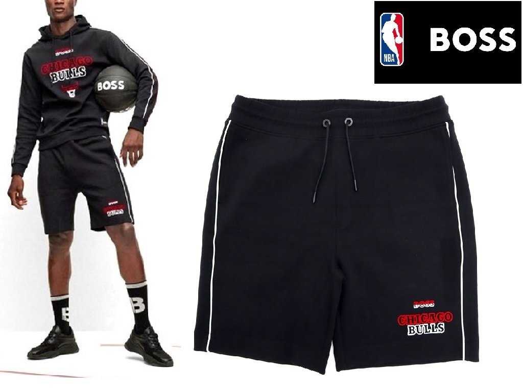 【未使用】3万新品 L ボス BOSS×NBAコラボ CHICAGO BULLS ロゴ入りスウェットハーフパンツ 黒『Slam_2_NBA』1 ...
