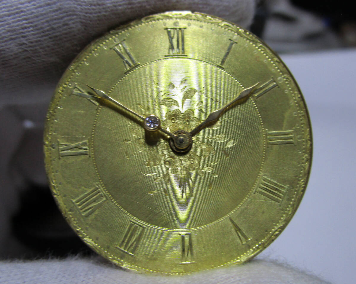 【やや傷や汚れあり】【 k236】 未整備 現状渡し 油切れ不動☆英国 懐中時計 ムーブメント/鍵巻き/金ダイヤル ダイヤ付き針☆幅37 ...