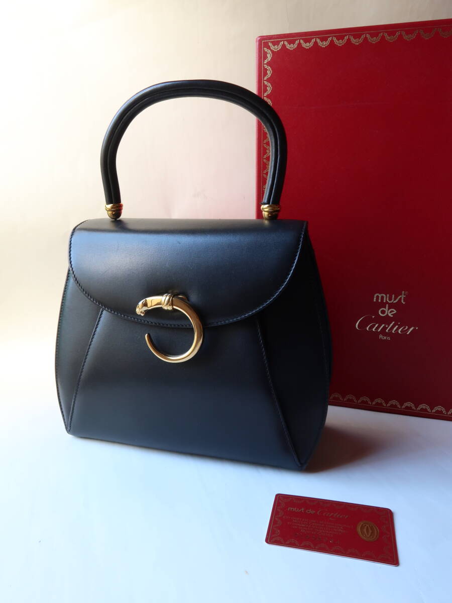 【目立った傷や汚れなし】カルティエ パンテール パンサー ハンドバッグ／Cartier1990刻印 定価＄1,616／カーフレザー ブラック【ギャランティカード・箱・袋 付き】の落札情報詳細 ...