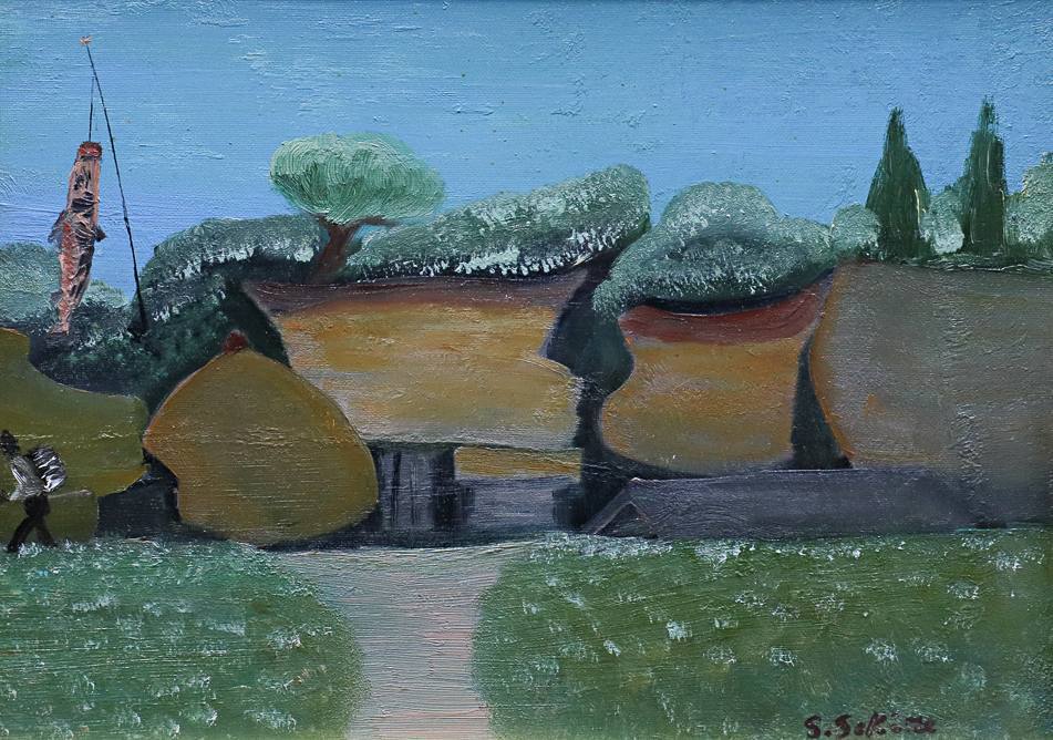 【やや傷や汚れあり】【宙】大正期画家 関根正二「農村風景」肉筆油彩 F4号 サイン裏書有 古民家 近代洋画代表 重要文化財 名家蔵出品