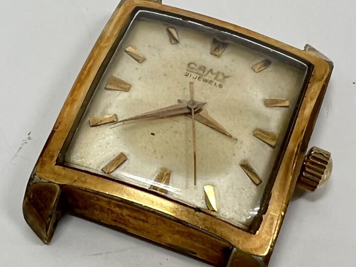 【傷や汚れあり】CAMY キャミー スクウェア メンズ 21石 21jewels 3針 ヴィンテージ アンティーク ゴールド 可動品 手巻の ...