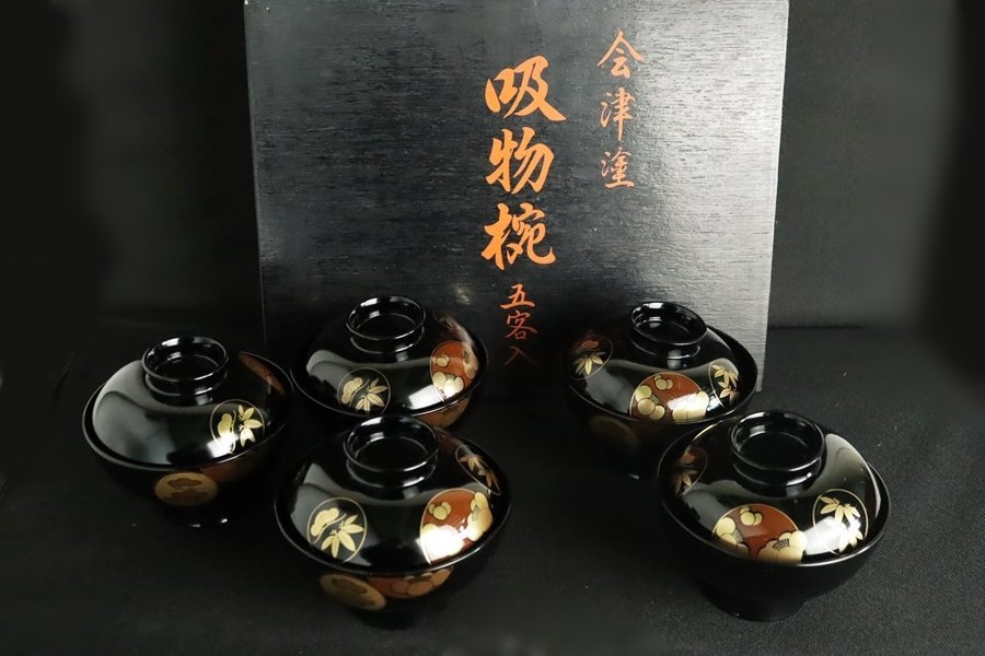 【傷や汚れあり】TB526会津塗金彩黒漆 吸物椀 5客 お椀/松竹梅/懐石道具/会席料理/和食/木製漆器/漆塗/木工芸/時代/煎茶道具/菓子盆/古道具タグボートの落札情報詳細 - Yahoo ...