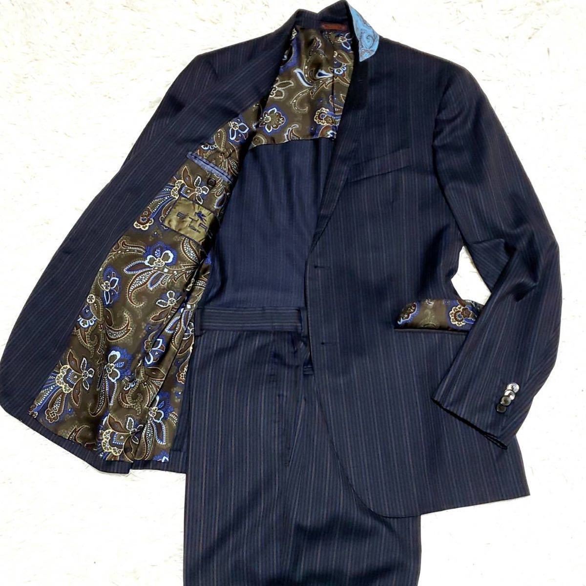 【未使用に近い】数回使用 XL エトロ スーツ 圧巻のペイズリー柄 極上シルク ウール セットアップ ネイビー 春 夏 秋 背抜き 2B 絹 ...