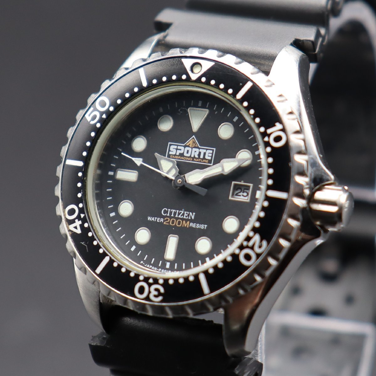 【目立った傷や汚れなし】CITIZEN SPORTE シチズン スポルテ 200M防水 クォーツ 6018-G08679TA 黒文字盤 デイト ...