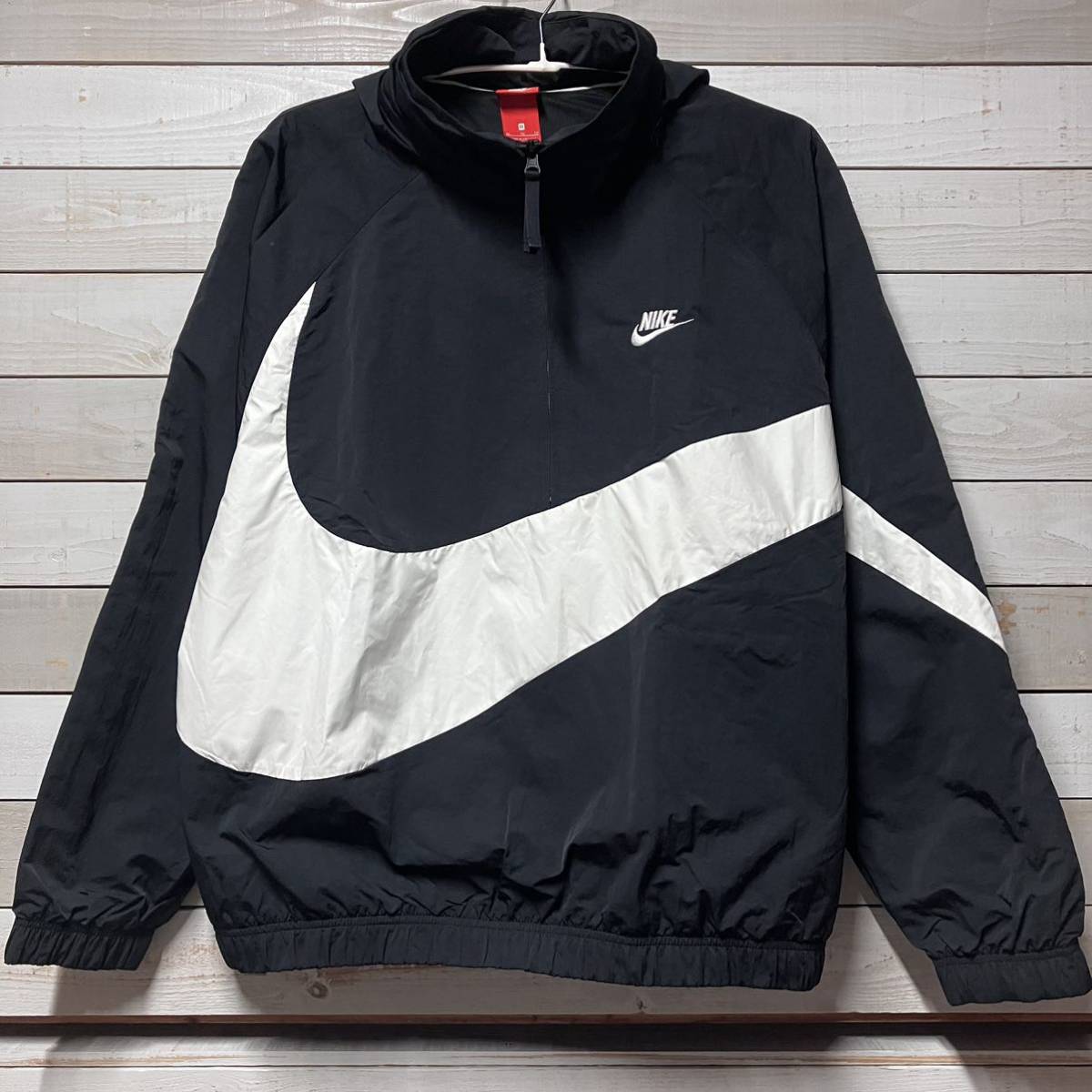 【やや傷や汚れあり】SIZE XL NIKE BIG SWOOSH LOGO NYLON HALF ZIPPER JACKET BLACK ナイキ ビッグ スウォッシュ プルオーバー ナイロン ...