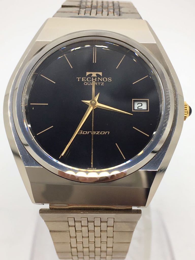 【やや傷や汚れあり】テクノス TECHNOS QUARTZ Borazonメンズ腕時計 動作確認済み ブラック文字盤 デイト表示 クォーツ時計 ...