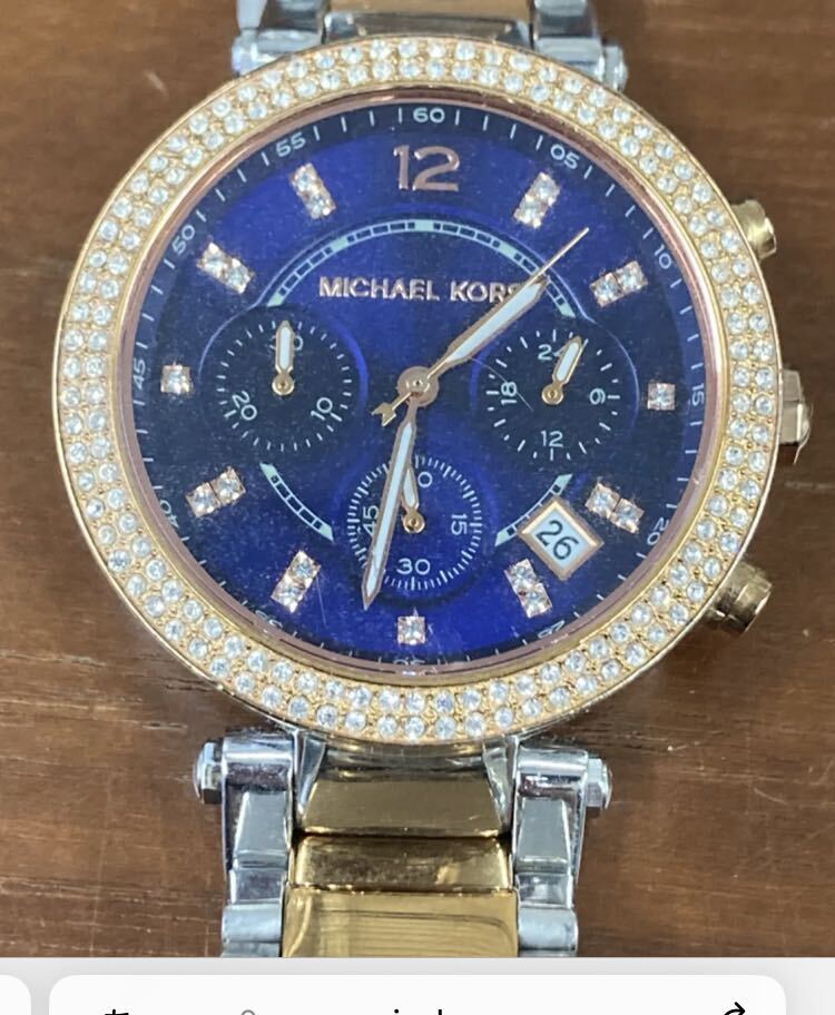 【やや傷や汚れあり】。MICHAEL KORS マイケル コース パーカー クロノグラフ デイト ネイビー ラインストーン ローズゴールド ...