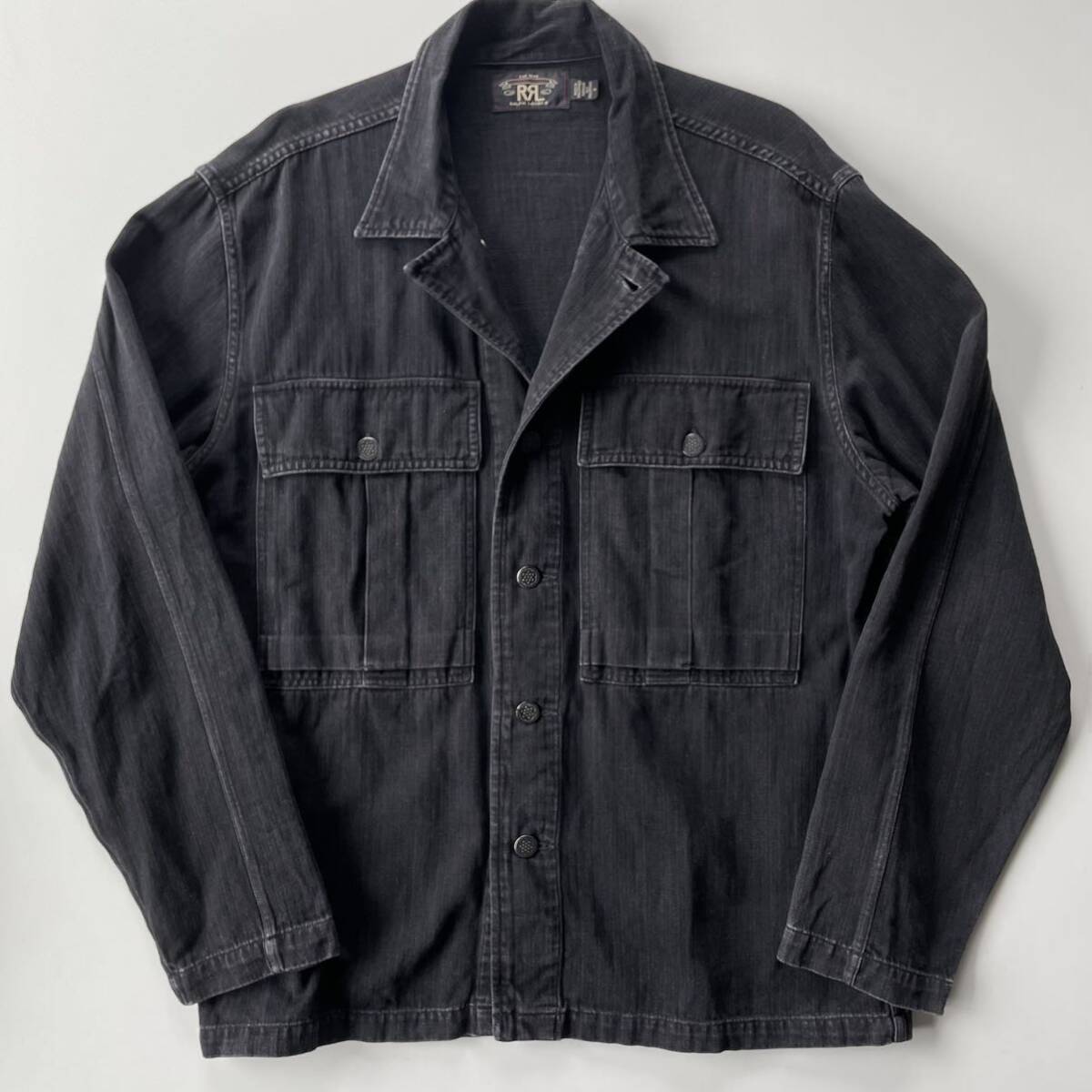 【目立った傷や汚れなし】RRL “Black HBT Over Shirt” M ヘリンボーンツイル ブラック リネン ミリタリー シャツ ジャケット Ralph Lauren ヴィンテージ ...