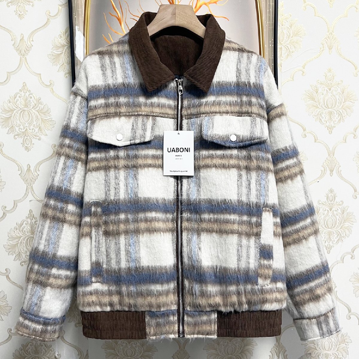 【未使用】上級EU製＆定価7万 UABONI*Paris*ジャケット*ユアボニ*パリ発 上質ミンク/カシミヤ混 防寒 モフモフ チェック柄 コート 通勤 秋冬 L/48の落札情報詳細 ...