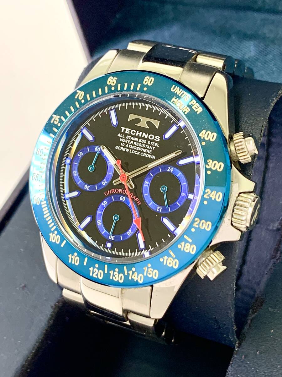 【目立った傷や汚れなし】Z0262 1円～！テクノス TECHNOS TP0403SN クロノグラフ ミネラルクリスタルガラス 10気圧防水 SS クォーツ 黒文字盤 稼働 動作確認済みの落札 ...
