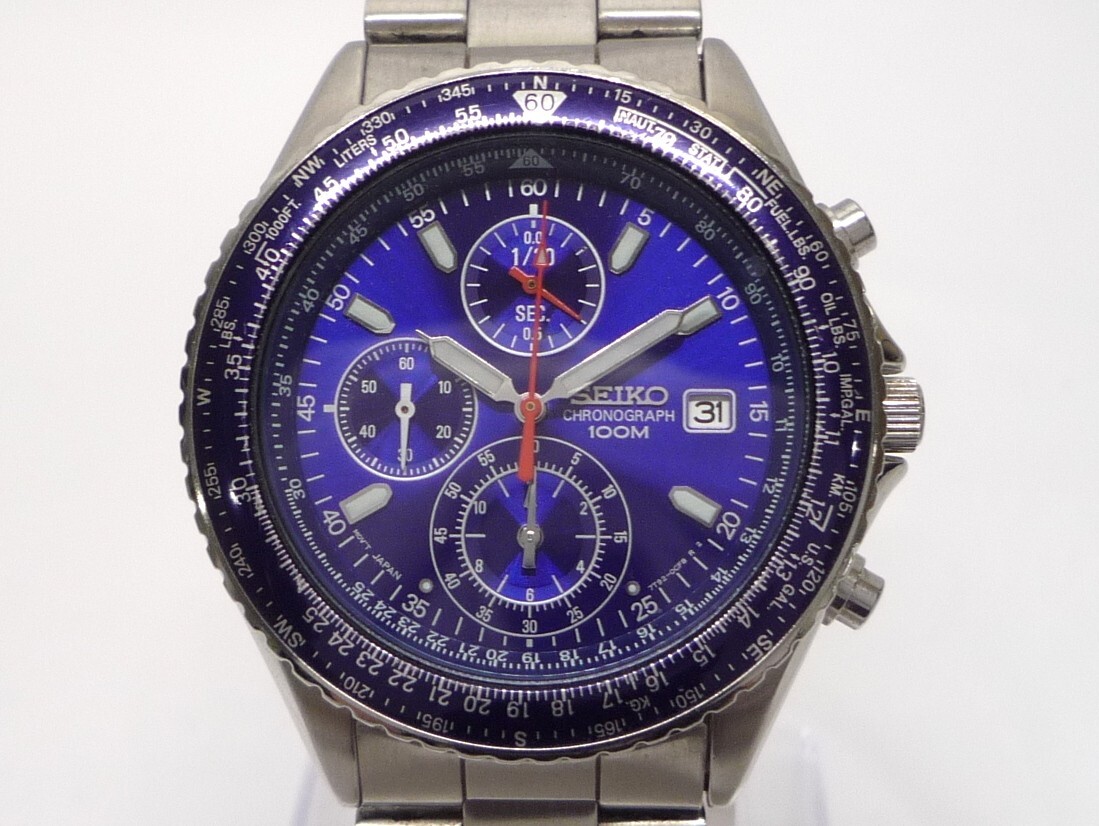 【傷や汚れあり】1000円スタート 腕時計 SEIKO セイコー CHRONOGRAPH クロノグラフ 100M 7T92-0CF0 クオーツ QZ デイト ブルー文字盤 難有 WHO ...