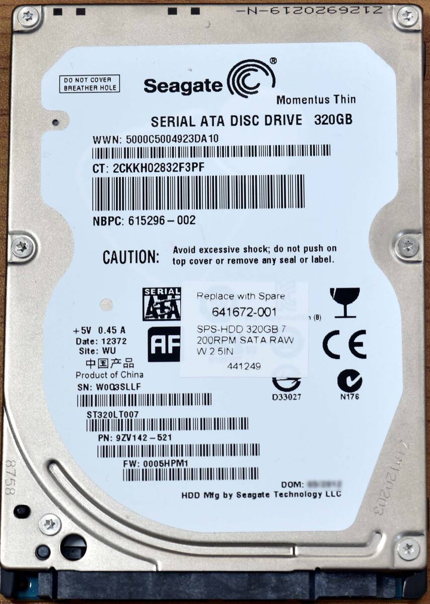 【目立った傷や汚れなし】Seagate ST320LT007 [320GB 2.5インチ 7mm SATA HDD 2012年製 使用時間 ...