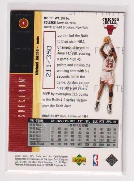 【未使用に近い】1998-99 UD SPX Finite Michael Jordan Spectrum card #211/350の落札 ...
