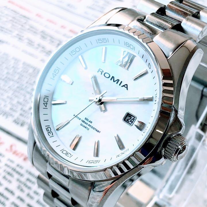 【やや傷や汚れあり】#2054【渋くてお洒落】メンズ腕時計 ロミア 電波時計 ソーラー SOLAR 稼働 良品 ROMIA RM-828MA ホワイト系文字盤 デイト カレンダー DATEの ...