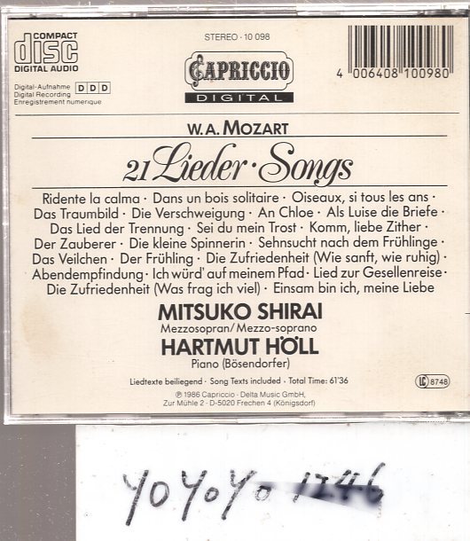 【目立った傷や汚れなし】モーツァルト：SONGS、MITSUKO SHIRAI、HARTMUT HOLLの落札情報詳細 - ヤフオク落札価格 ...