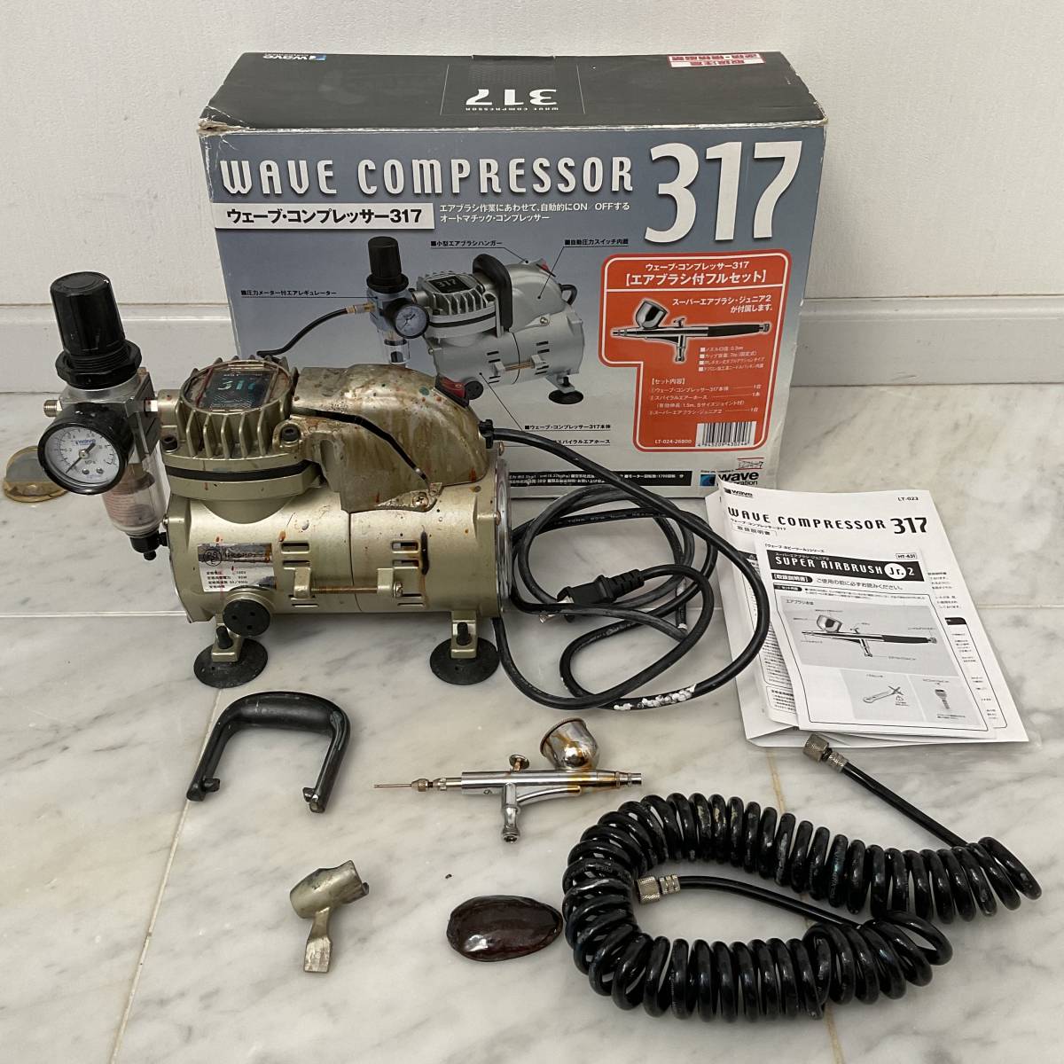 【傷や汚れあり】WAVE コンプレッサー 317 LT-023 エアブラシ SUPER AIRBRUSH Jr.2 HT-431 付属品付 ...