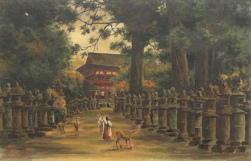 【傷や汚れあり】【真袖】明治黎明期洋画壇画家「Shimidzu」サイン/神社の楼門と鹿に巫女/M8/五百城文哉門下の「日光絵(海外旅行者の土産 ...