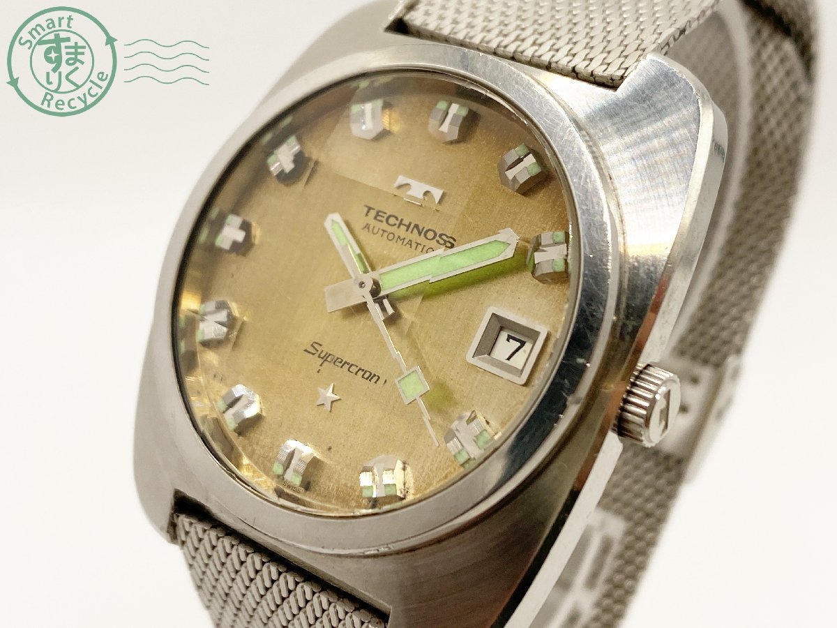 【全体的に状態が悪い】0711019 〇 TECHNOS テクノス Supercron スーパークロン カットガラス AT 自動巻き スクエア ...