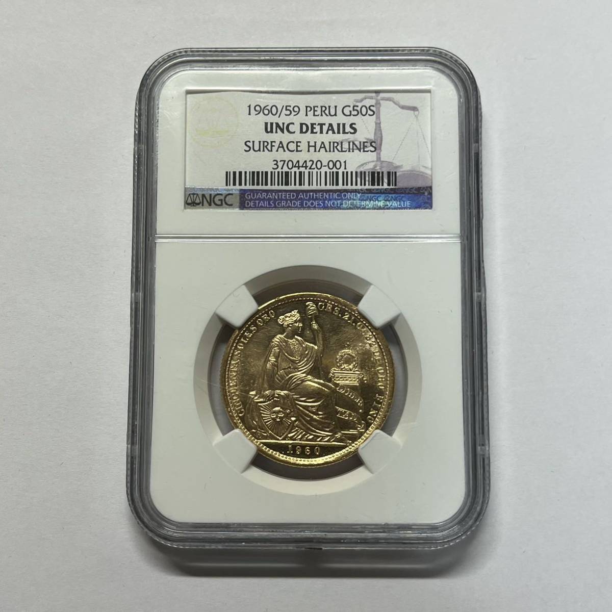 【未使用】ペルー 50ソル金貨 1960年(1960/59) 座像の女神 発行数2,139枚 NGC UNC Details 金貨 ...