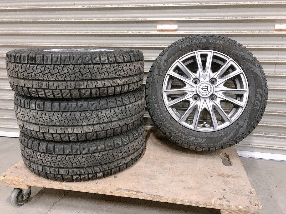 【やや傷や汚れあり】9分 PIRELLI ICE 155/65R13 2015年製 13×4.008 PCD100 ET+43 ハブ径65mm スタッドレス タイヤ ホイール アフロディーテ ...
