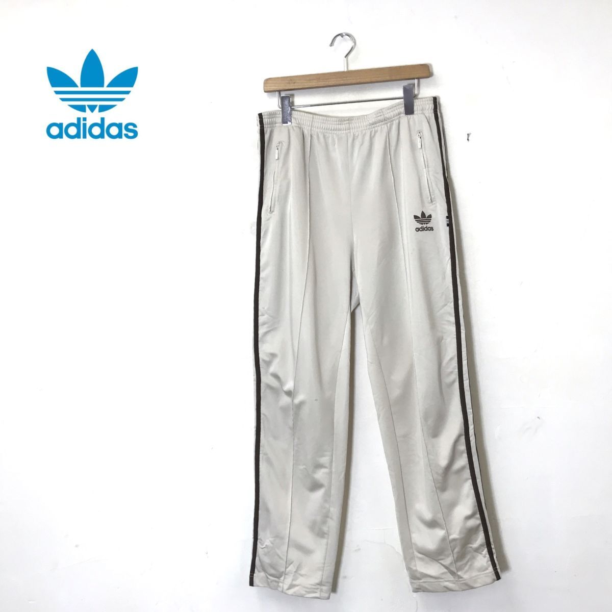 【やや傷や汚れあり】A87-N old adidas アディダス トラックパンツ ジャージ サイドライン トレフォイル sizeL ベージュ系 ...