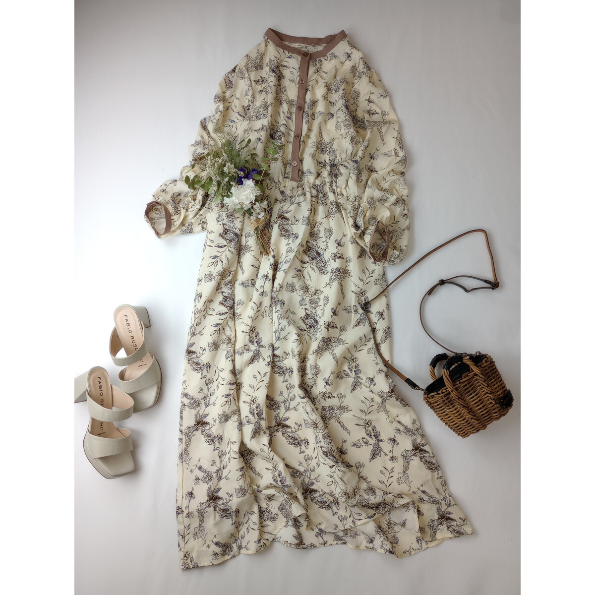 【目立った傷や汚れなし】continuer de NICE CLAUP ナイスクラップ「着るだけで絵になる存在感。」ボタニカル 柄 ボリューム袖 長袖 ロング ワンピース (38K+9658 ...