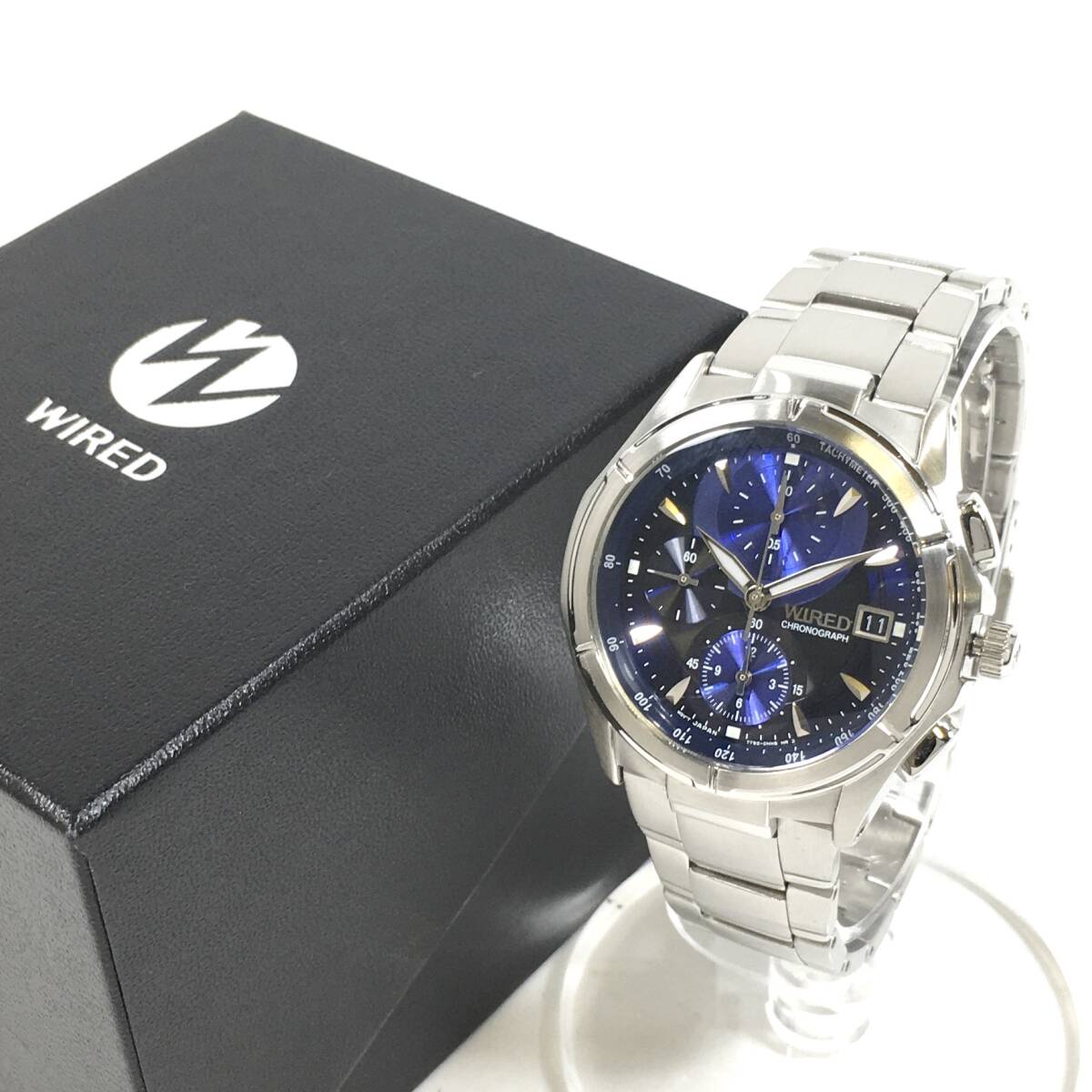 【やや傷や汚れあり】＊【電池交換済】SEIKO WIRED 7T92-0GB1 クロノグラフ クォーツ QZ メンズ 腕時計 デイト 青文字盤 ...
