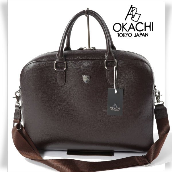 【未使用】新品1円～★定価3万 OKACHI オカチ 2WAY 牛床革 レザー ビジネスバッグ ダークブラウン 茶 ブリーフケース A4 大 ...
