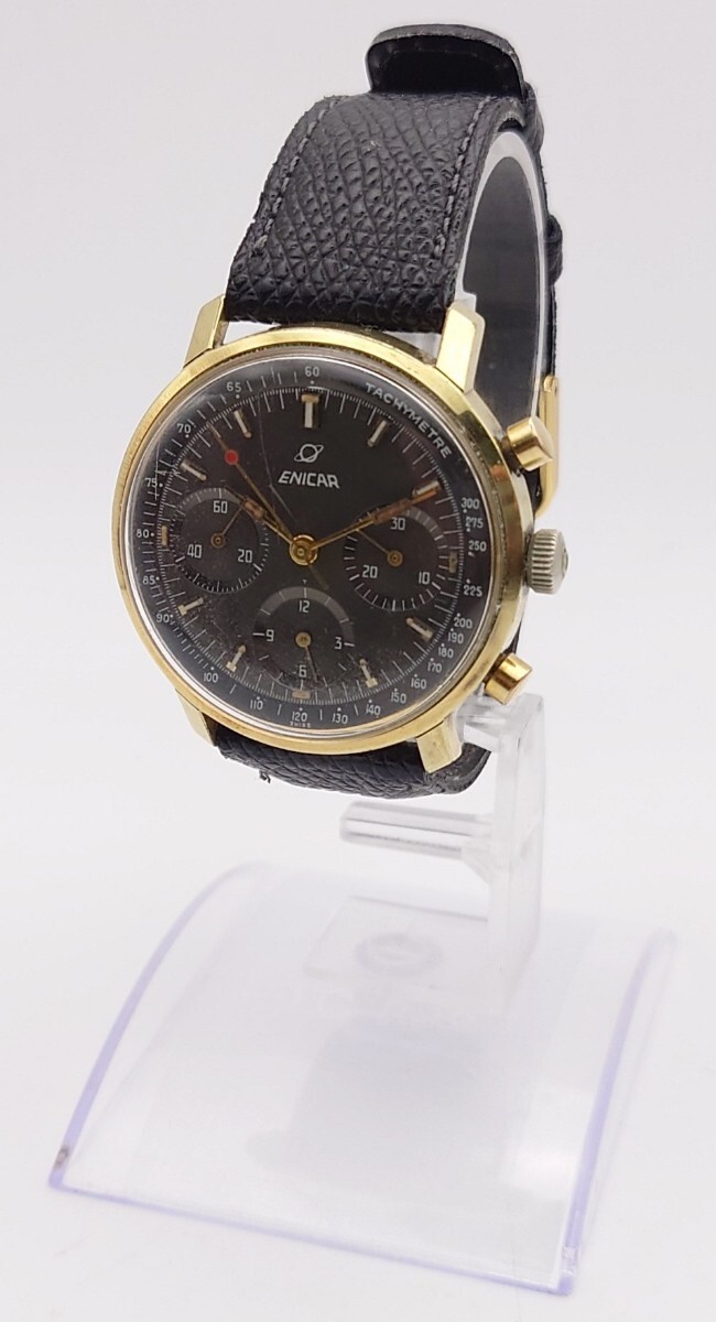 【やや傷や汚れあり】【M072-1】 希少 レア ENICAR エニカ クロノグラフ ヴァルジュー72 072/003 黒文字盤 ゴールド ...