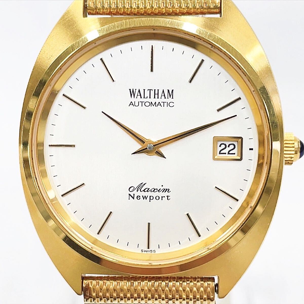 【目立った傷や汚れなし】美品 WALTHAM ウォルサム Maxim Newport 自動巻 メンズ腕時計 マキシム ニューポート デイト 白文字盤 ゴールド ベルト純正 R店1124☆の落札 ...