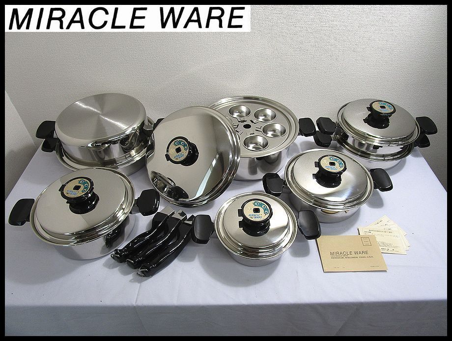 [ZEROnet] MIRACLE WARE 24点セット 両手鍋 片手鍋 蒸し器 蓋 取手 リーガル社 USA製 ステンレス ミラクルウェア ...