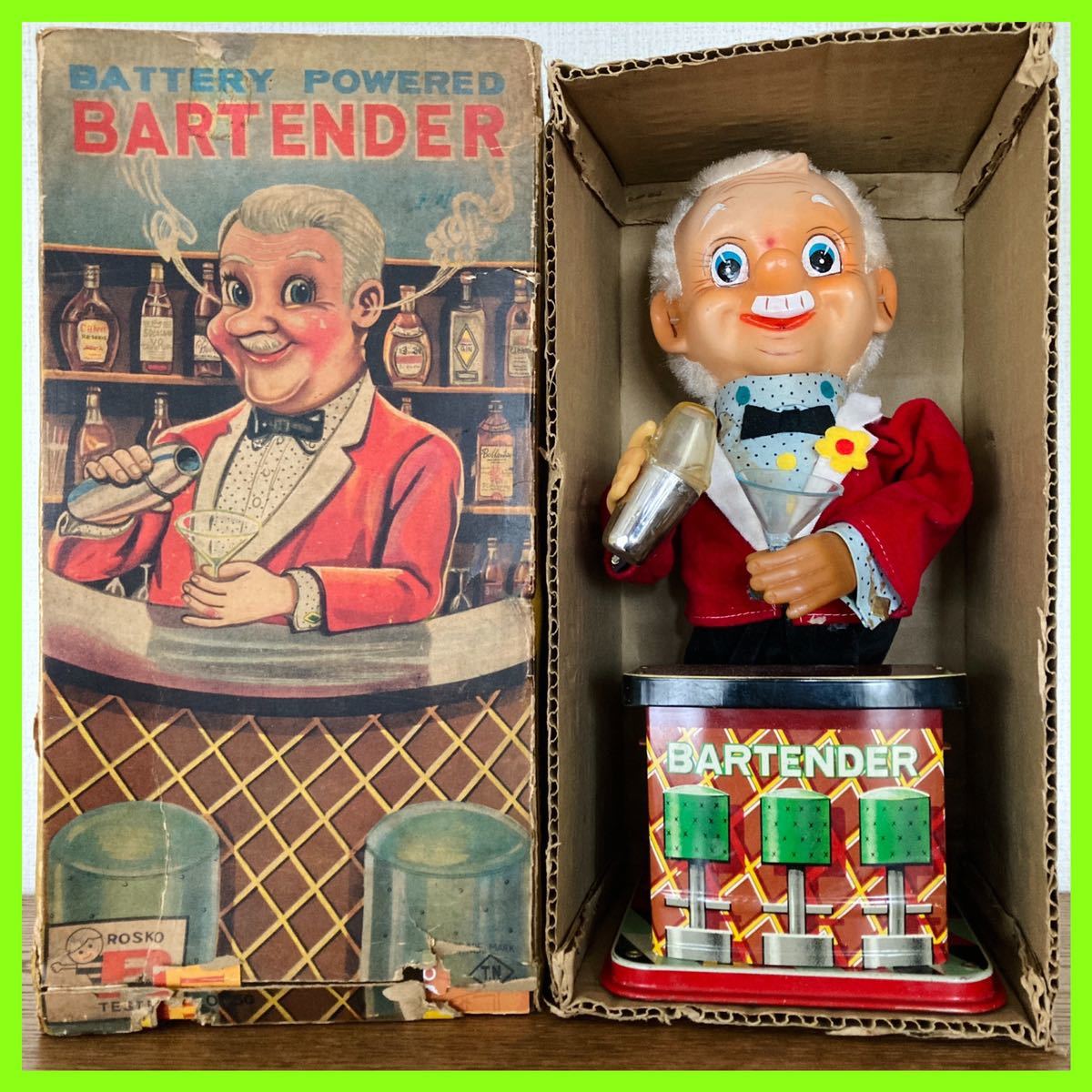 【傷や汚れあり】★完動！煙出ます！ 酔っ払い！★野村トーイ バーテンダー 1950 箱付 ROSKO TESTED BARTENDER ブリキ ...