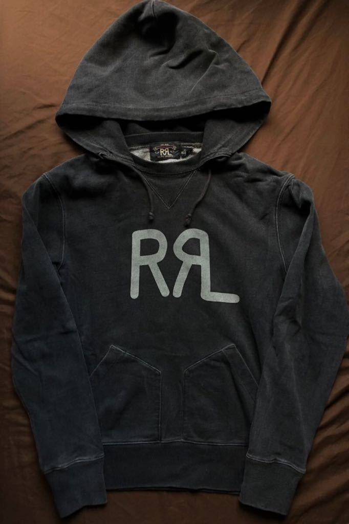 【未使用に近い】【名作】極美品 RRL BRAND LOGO BLACK INDIGO HOODIE ダブルアールエル ブラックインディゴ ...