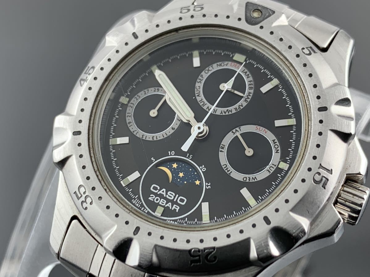 【傷や汚れあり】[A1234]1円～☆メンズ腕時計 クォーツ CASIO カシオ ダイバーデザイン カジキ ムーンフェイス MD-740 動作 ...