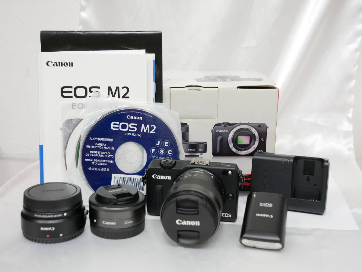 【目立った傷や汚れなし】#1456 CANON EOS M2 EF-M 18-55mm 22mm STM speedlite 90EX EF-EOS M マウントアダプター スピードライト ...